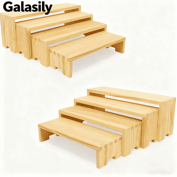 Galasily Wooden Display Stands Set of 4 Stool‑Shaped Wooden Storage ...