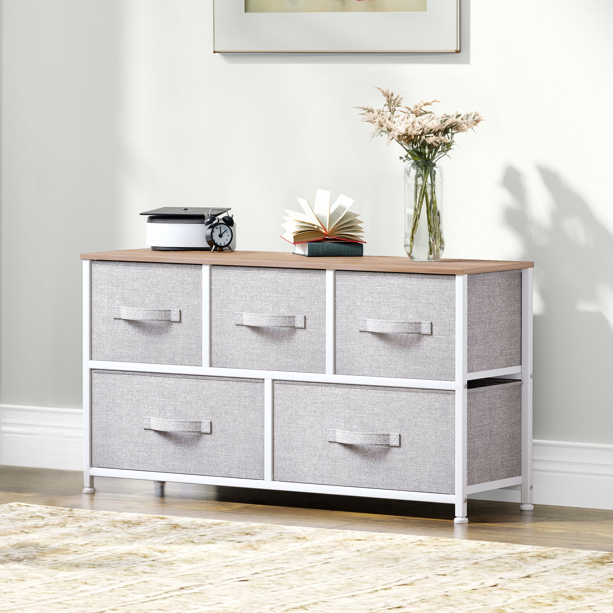 Galaxera 5 Drawers Dresser Fabric Storage Tower Wooden Top Organizer ...