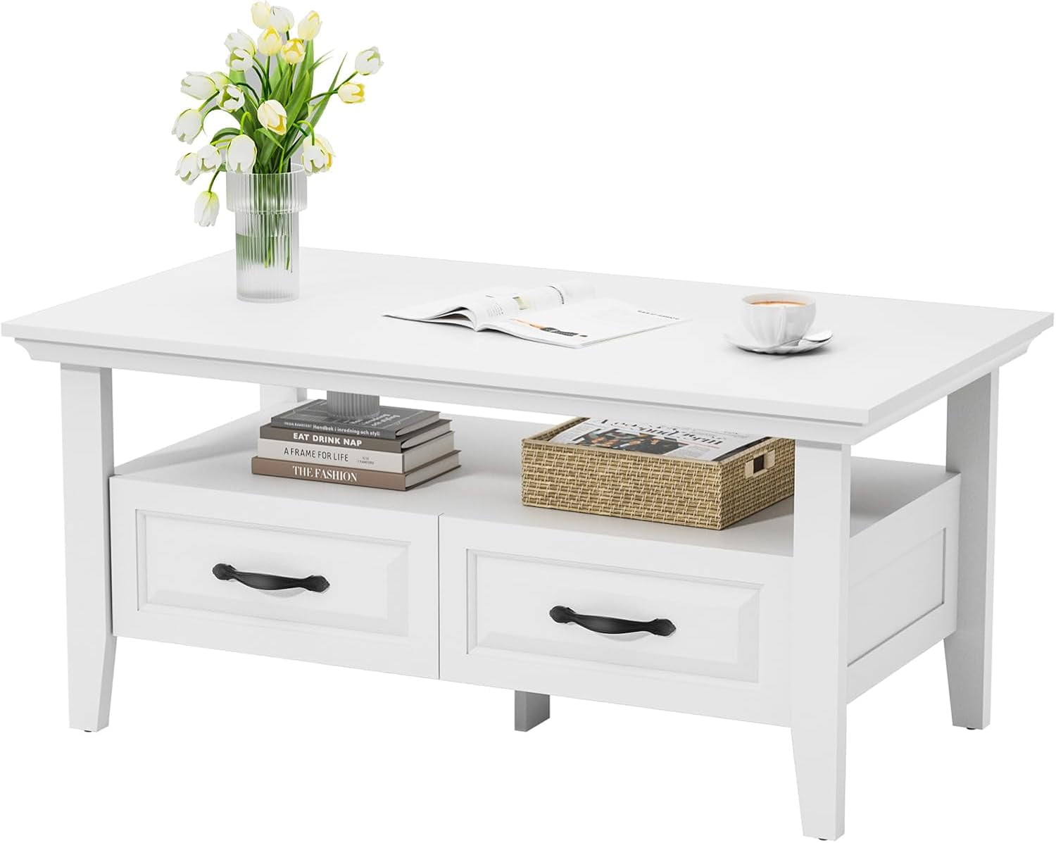 Galaxera Coffee Table with Drawers– 39.4" Farmhouse Wood Coffee Table ...