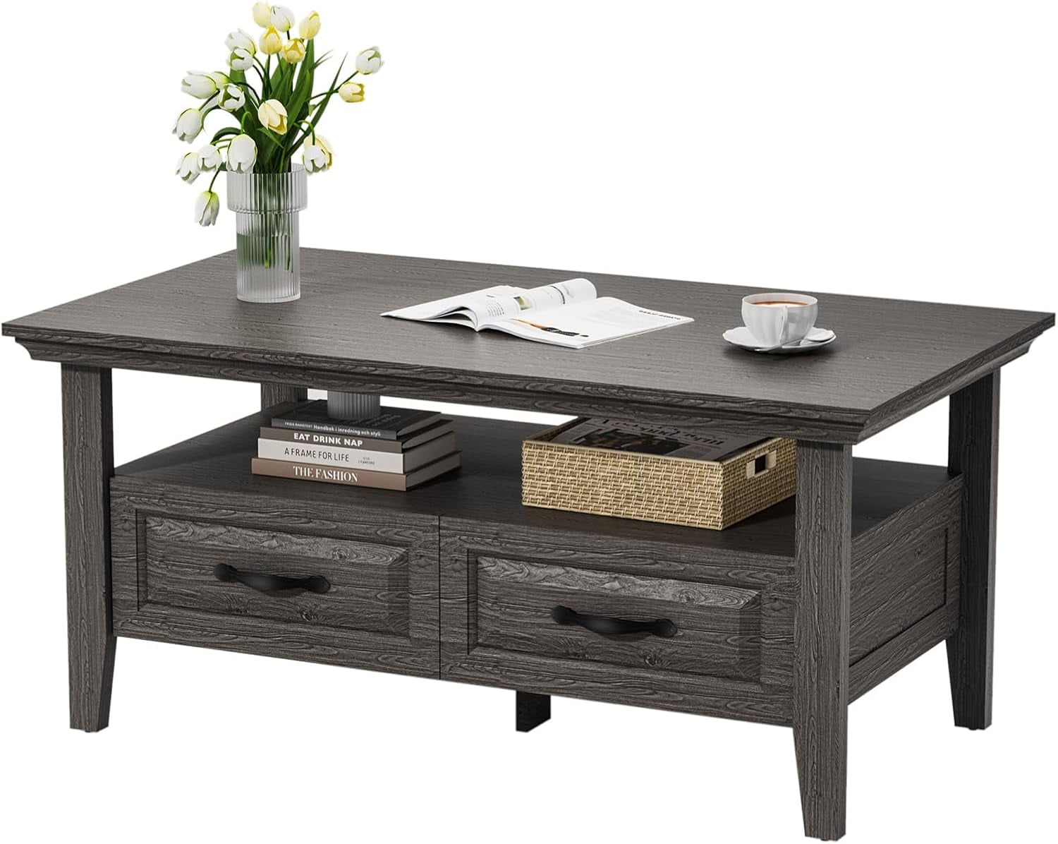 Galaxera Coffee Table with Drawers– 39.4" Farmhouse Wood Coffee Table ...