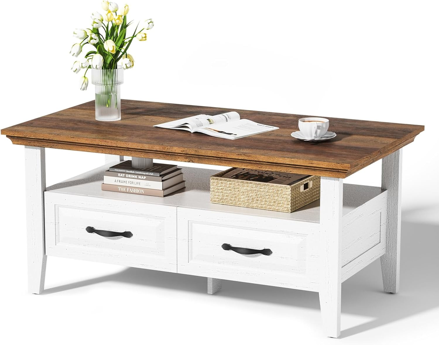 Galaxera Coffee Table with Drawers– 39.4" Farmhouse Wood Coffee Table ...