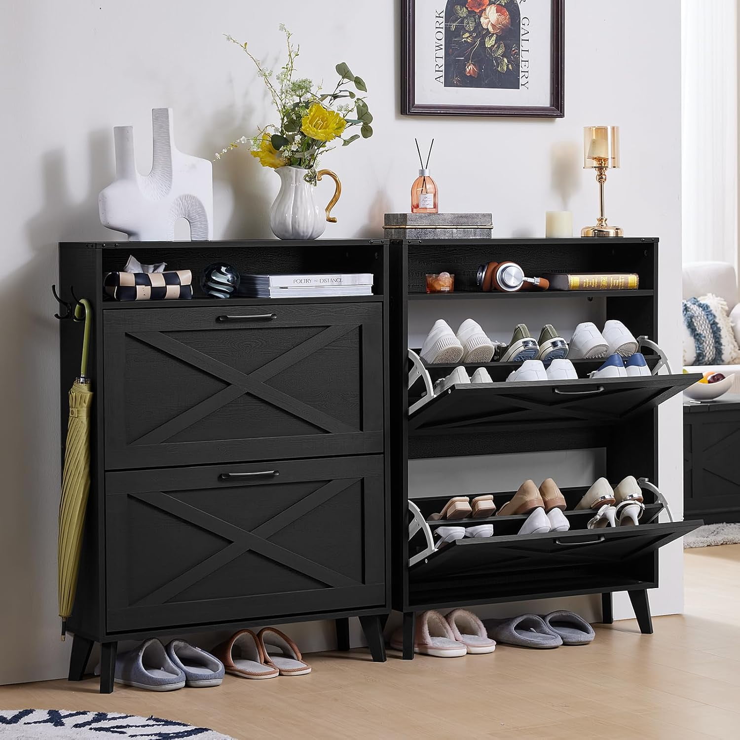 Galaxera Farmhouse Shoe Organizer - 4 Flip Drawers, Hidden Rack & Open ...