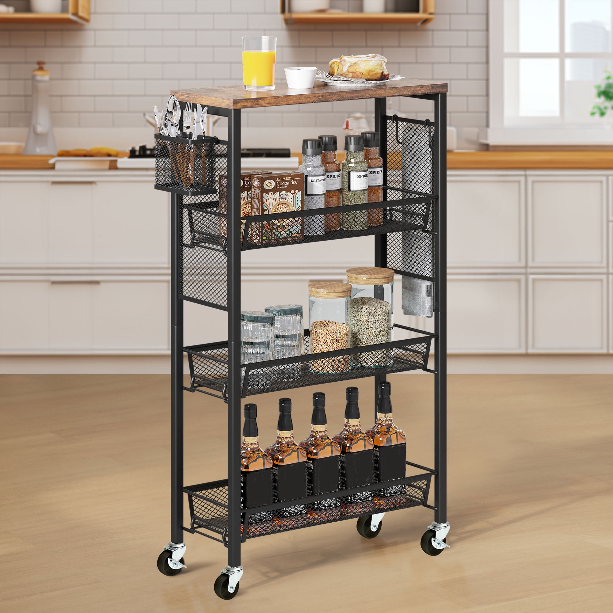 Galaxera Kitchen Rolling Storage Carts Cabinet with Solid Wooden ...