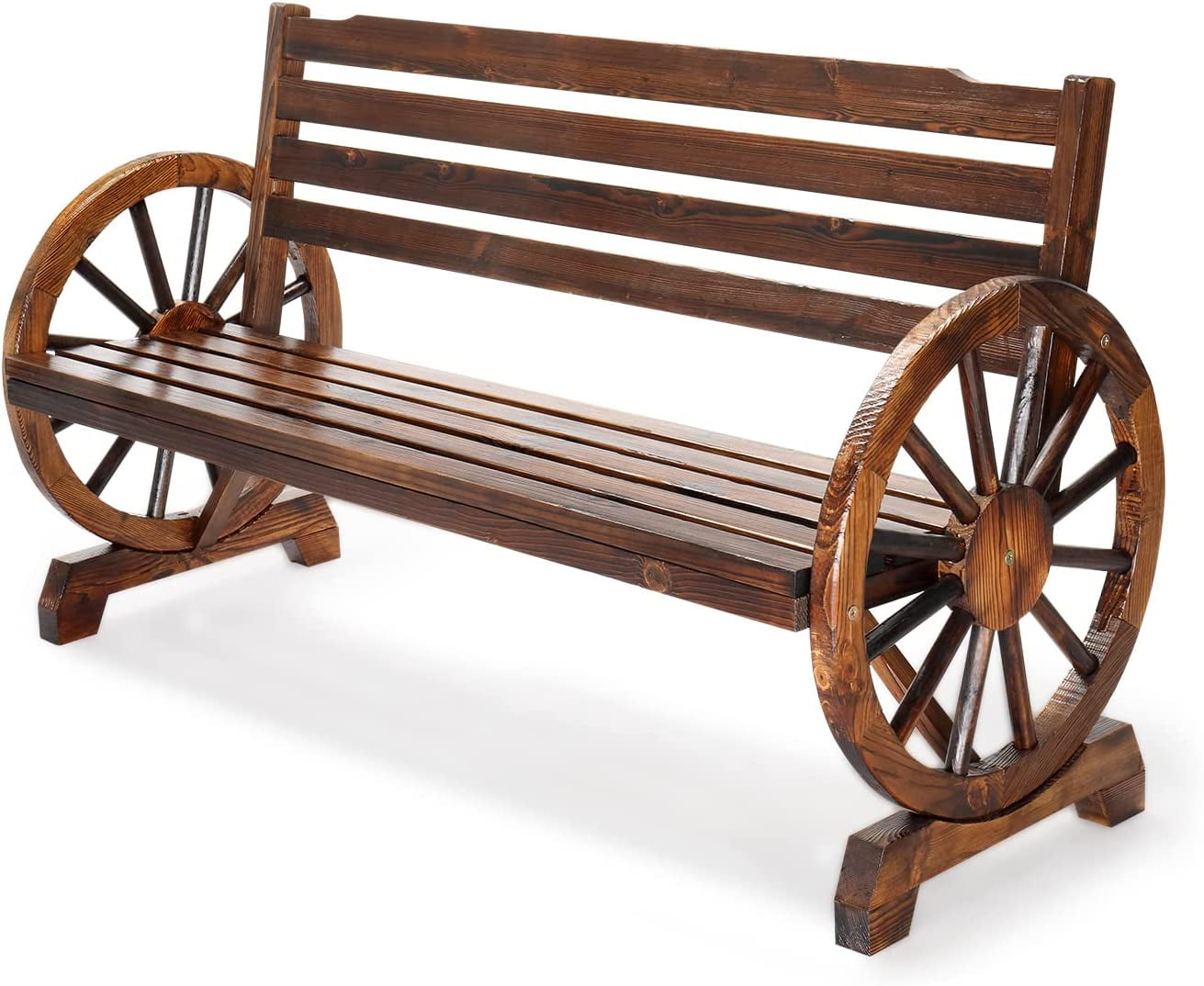 Galaxera Rustic Wooden Wheel Bench Outdoor Bench, 2-Person Patio Bench ...