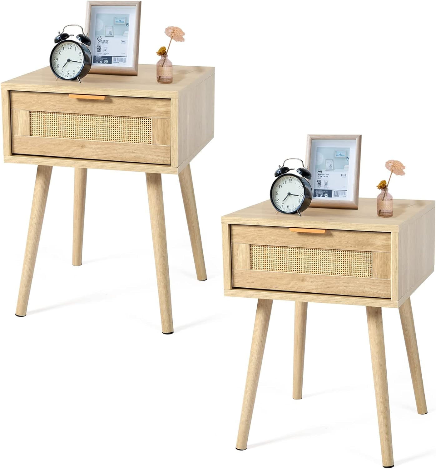 Galaxera Set of 2 Bedroom Nightstands Wooden Night Stands with Rattan ...