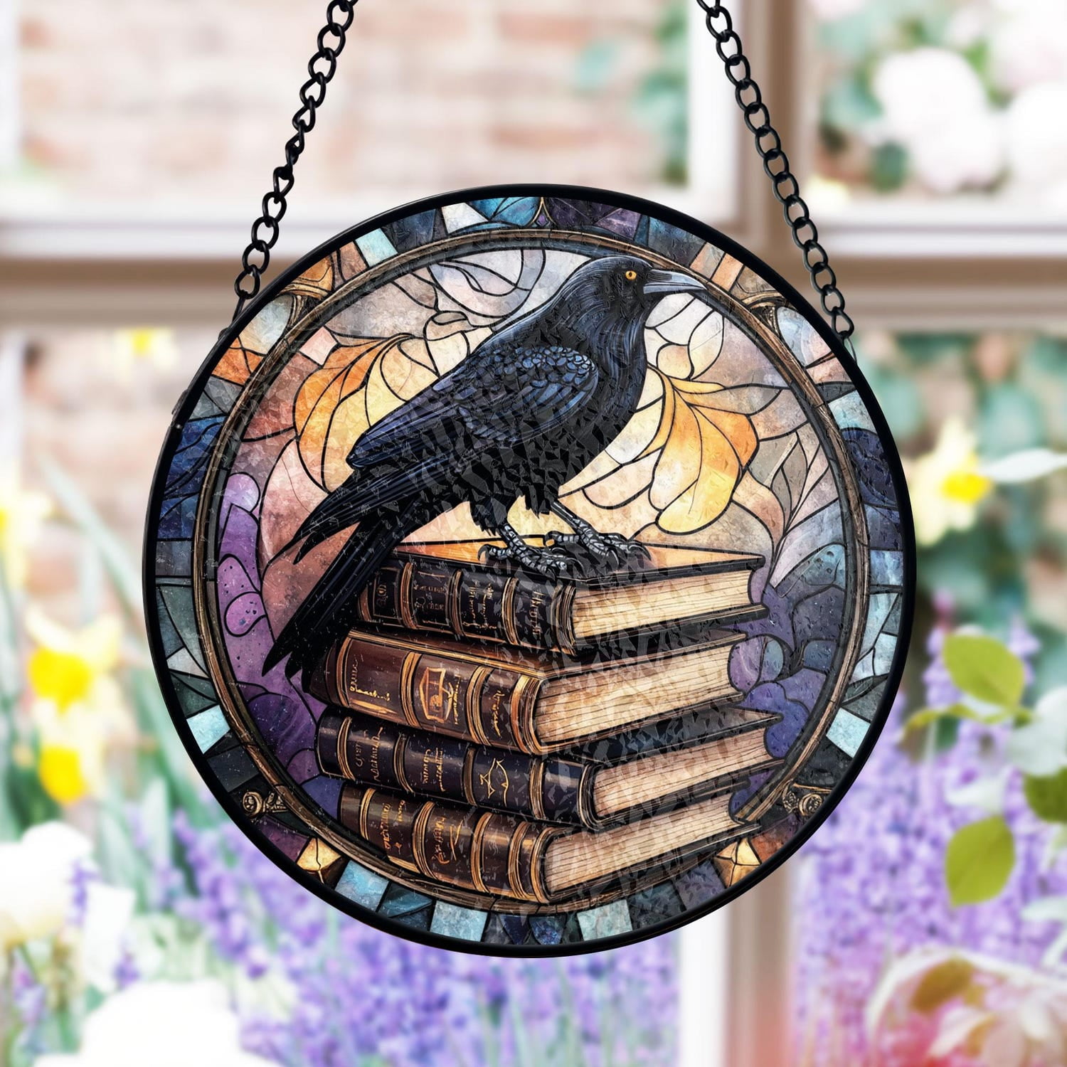 Galaximex 6 Inches Raven Stained Glass, Suncatcher, Vintage Book Stack ...