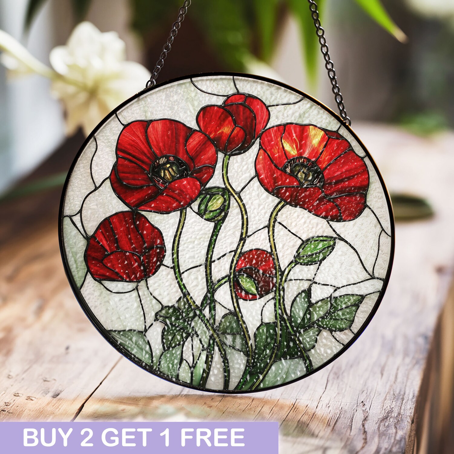 Galaximex 6 Inches Vibrant Red Poppy Flowers Suncatcher Stained Glass ...