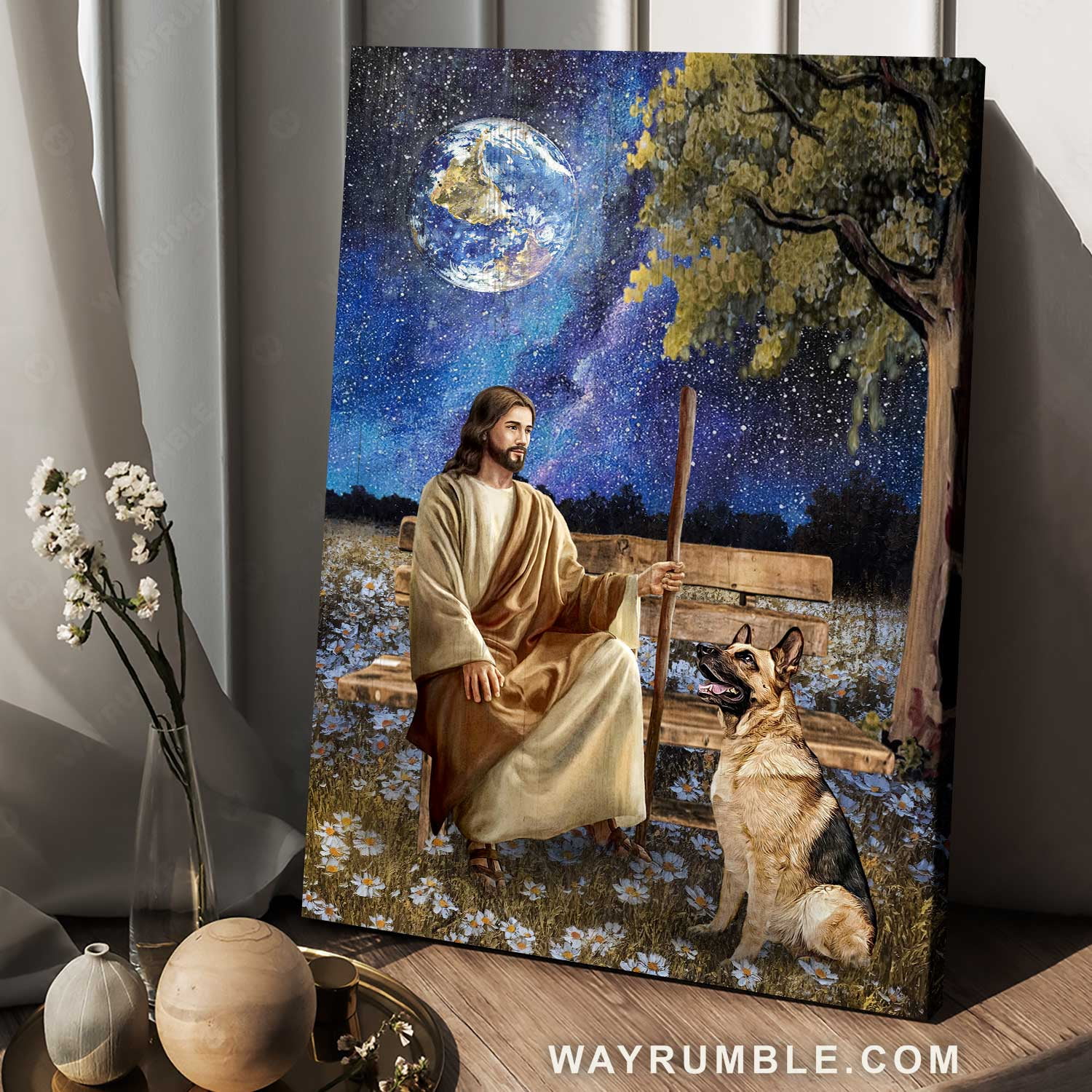 Galaxy Artwork, German Shepherd Dog, Beautiful Night, Daisy Field - Jesus Portrait Poster Prints ...