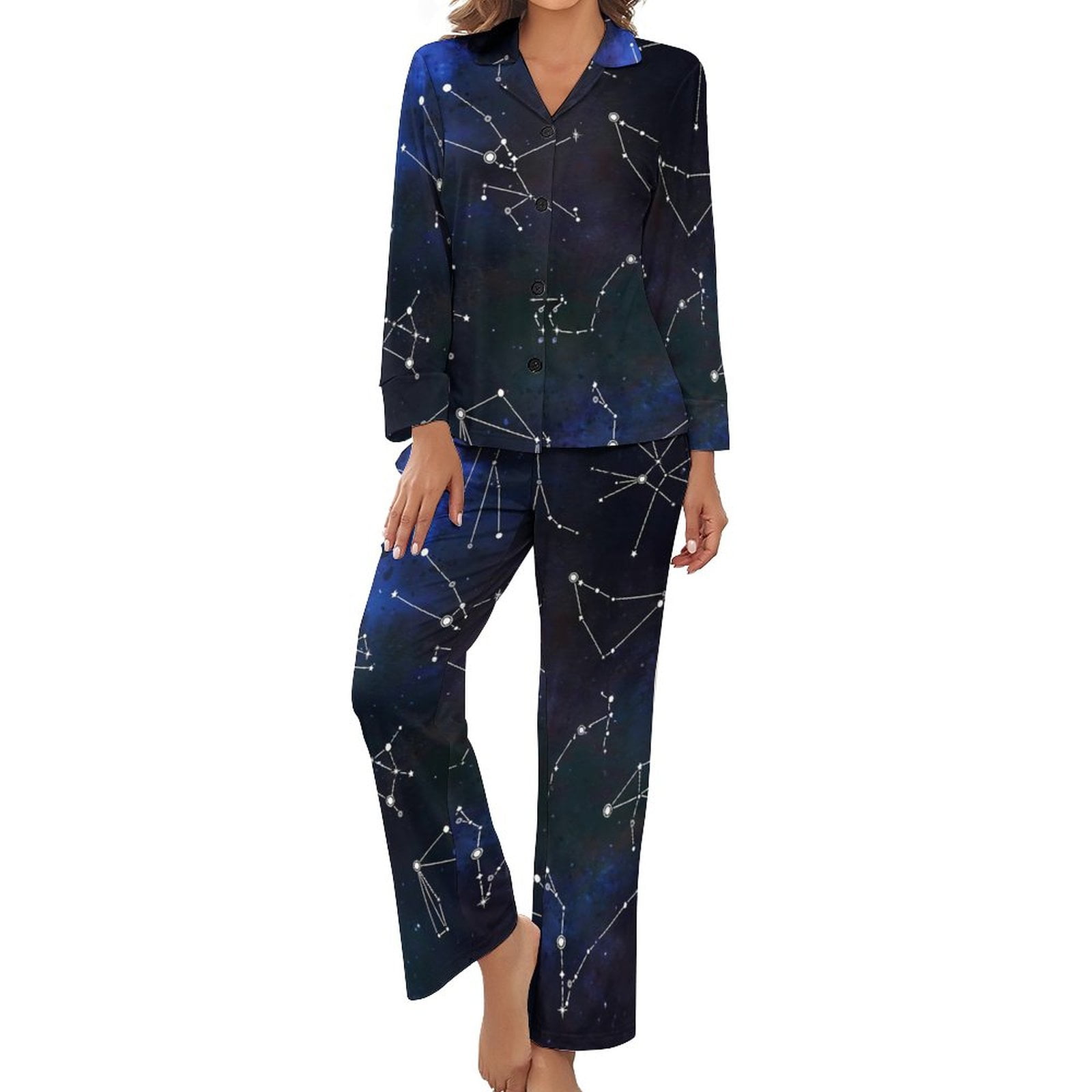 Galaxy Astrology Pajamas Moon and Stars Casual V Neck Home Suit Women 2 Pieces Custom Long ...