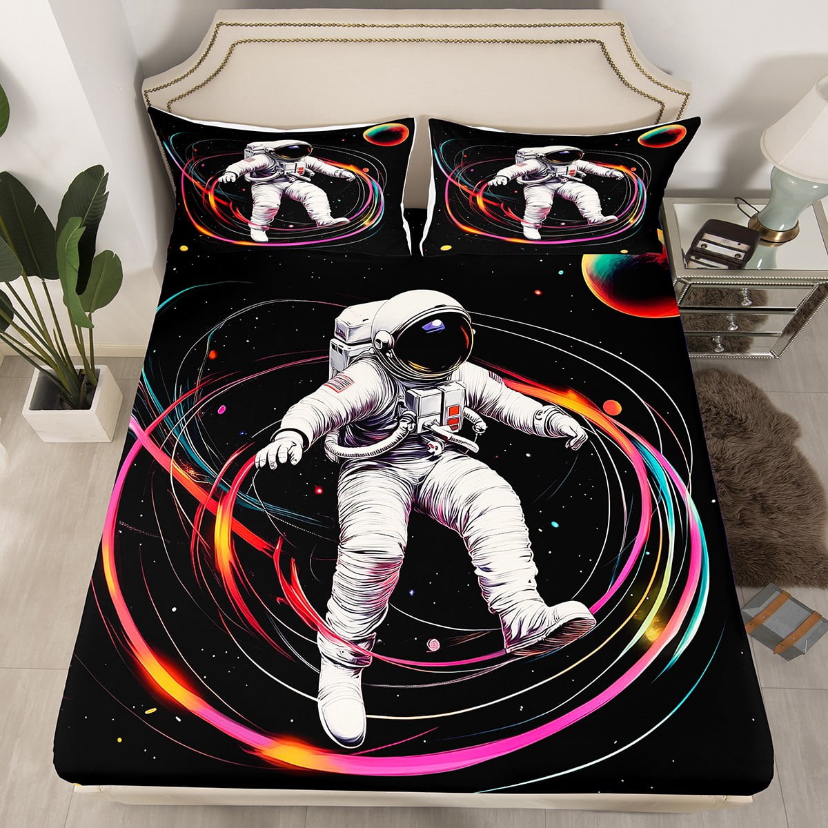 Galaxy Astronaut Bed Sheets Rainbow Outer Space Fitted Sheet,Starry Sky ...