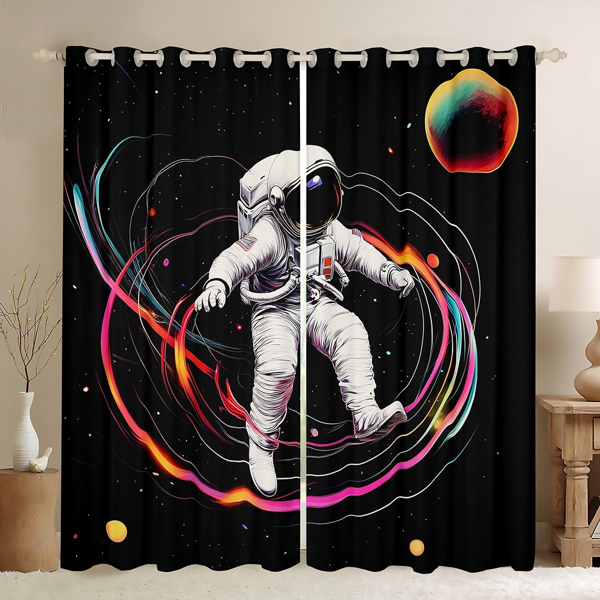 Galaxy Astronaut Curtains Rainbow Outer Space Curtains & Drapes,Starry ...