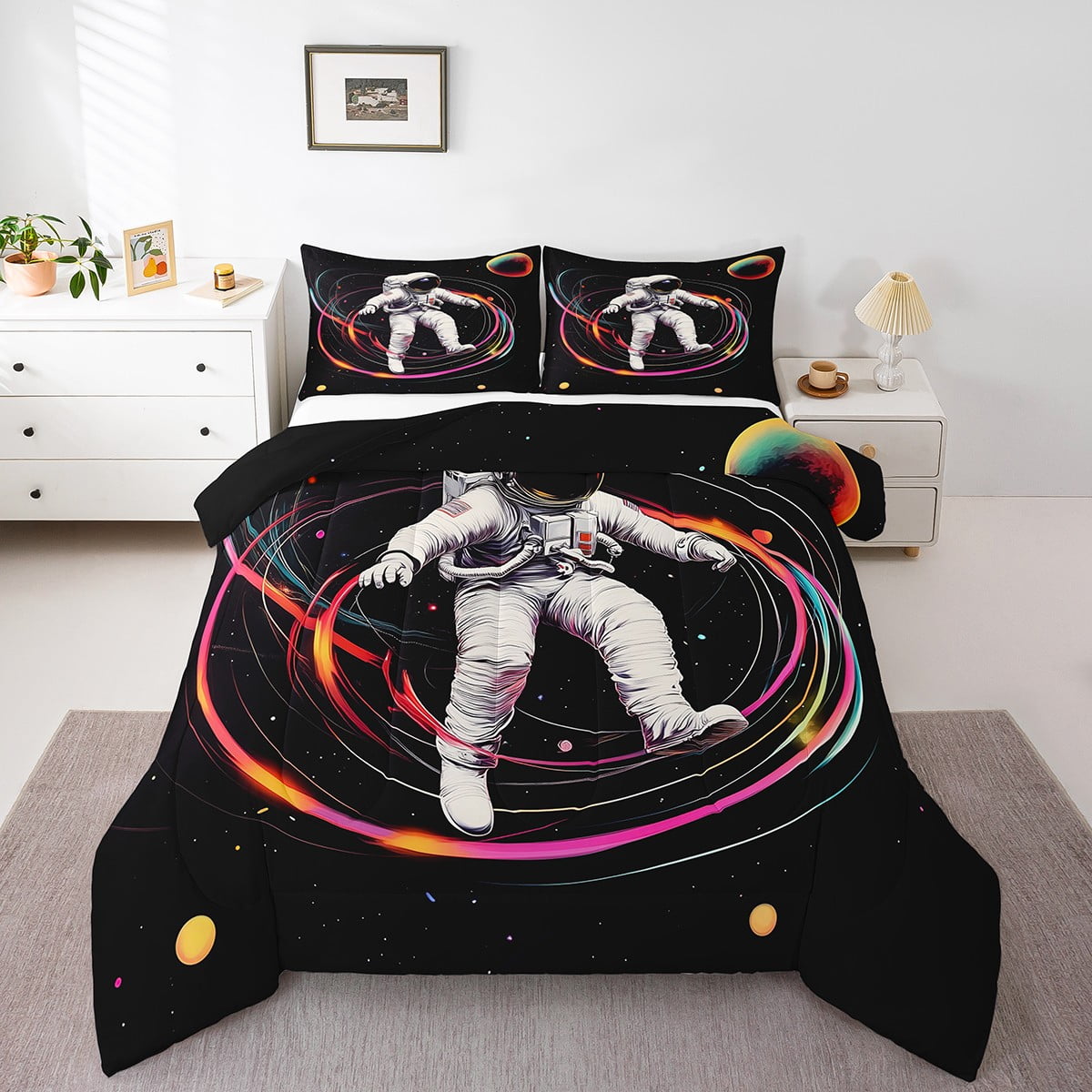 Galaxy Astronaut Queen Comforter Set Rainbow Outer Space Bedding Set ...