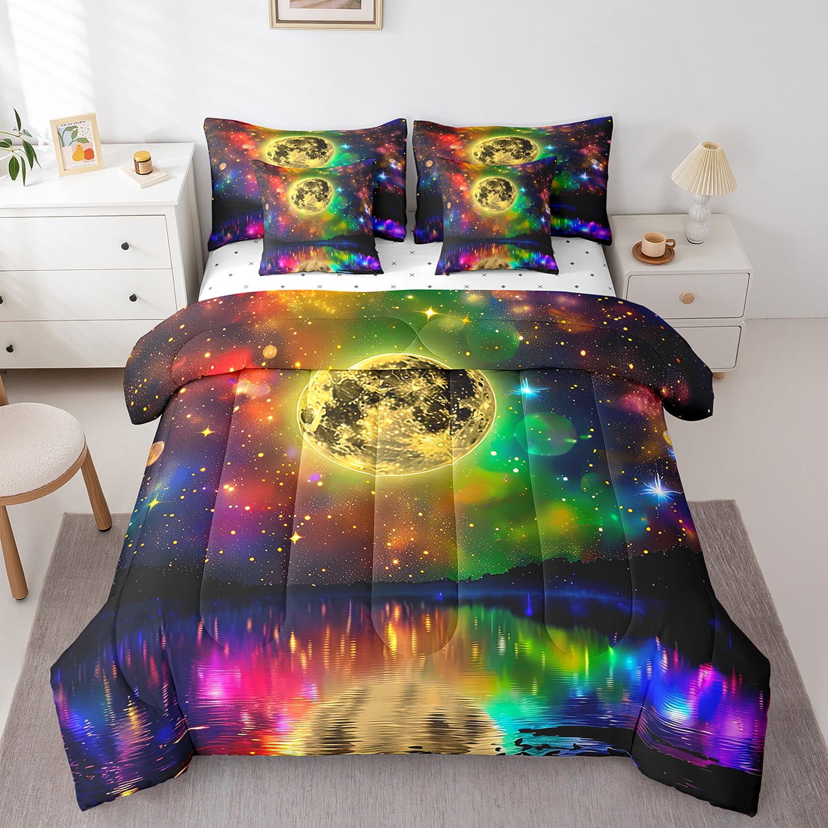 Galaxy Bed in a Bag Queen Comforter Set 7 Piece,Glitter Moon Bedding Sets Rainbow Stars Sheet ...