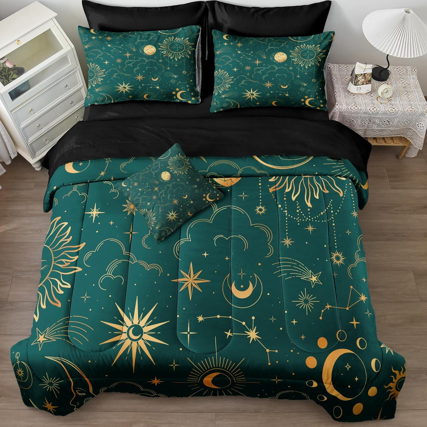 Galaxy Bed in a Bag: Sun and Moon King Comforter Set with Green Galaxy ...
