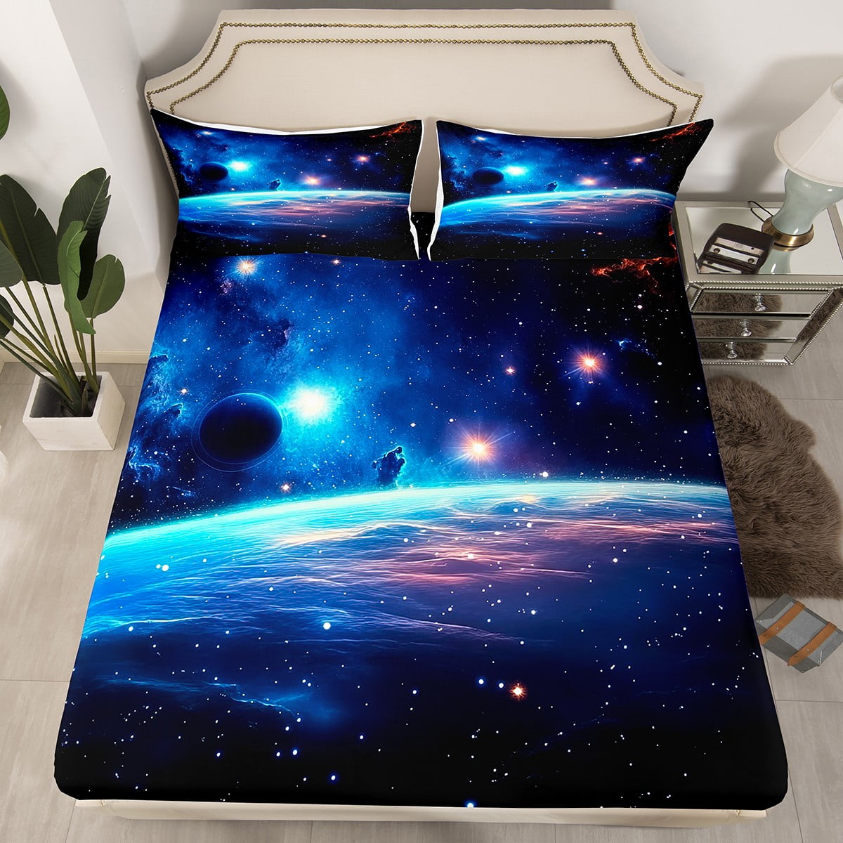 Galaxy Bed Sheets Full Outer Space Themed Fitted Sheet Blue Purple ...
