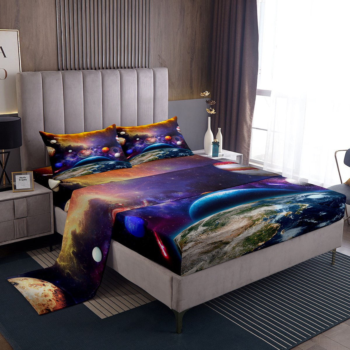 Galaxy Bed Sheets Set Queen Outer Space Room Decor Fitted Sheet Blue ...