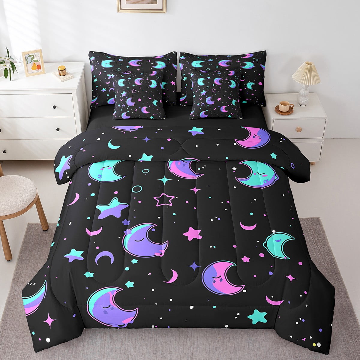Galaxy Bed in a Bag Queen Comforter Set 7 Piece,Colorful Glitter Stars ...