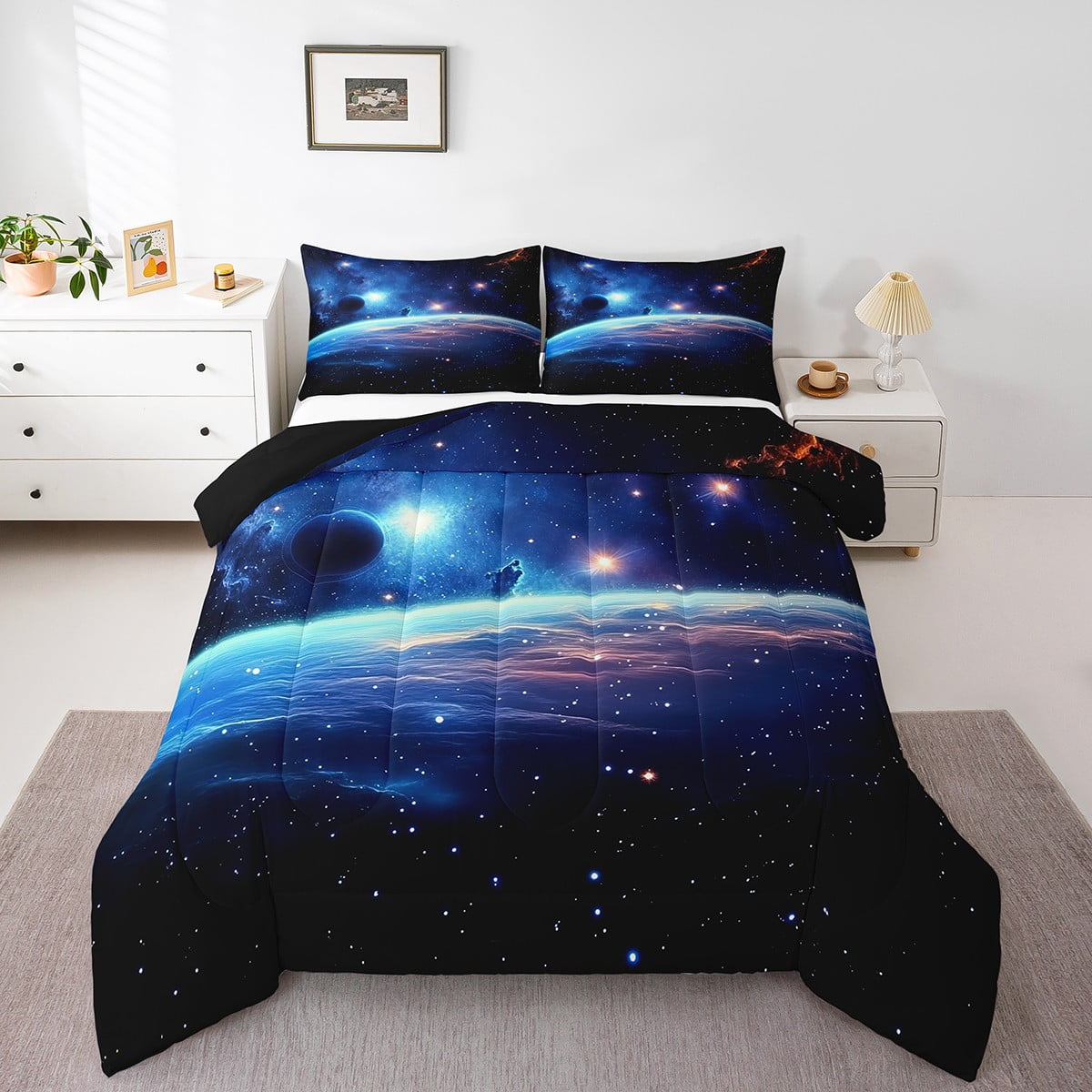 Galaxy Bedding Full Outer Space Themed Comforter Set Blue Purple Starry ...