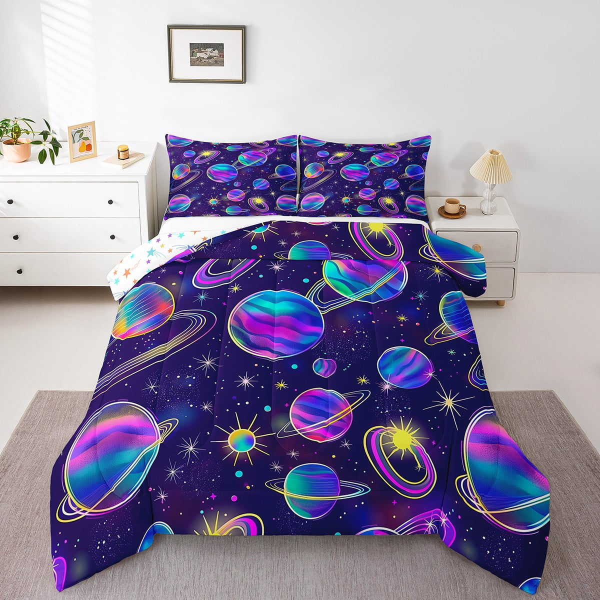 Galaxy Bedding Sets King Size Purple Planet Print Comforter Set for Boys Girls Kids Starry Sky ...