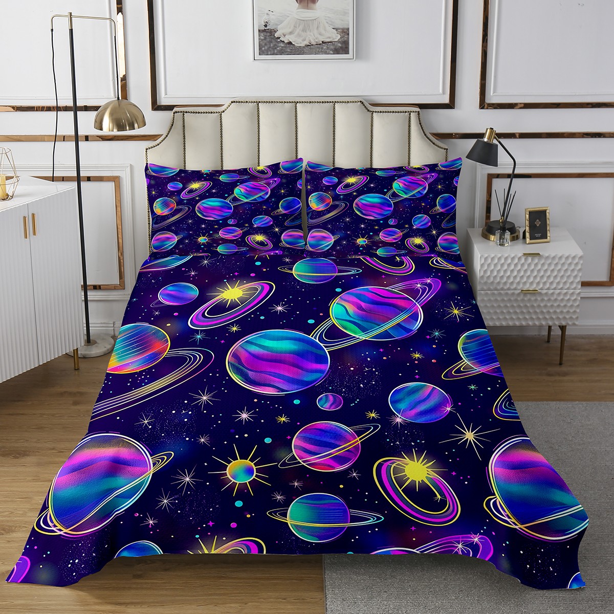 Galaxy Bedspread Twin Size Purple Planet Print Quilt Set Starry Sky ...