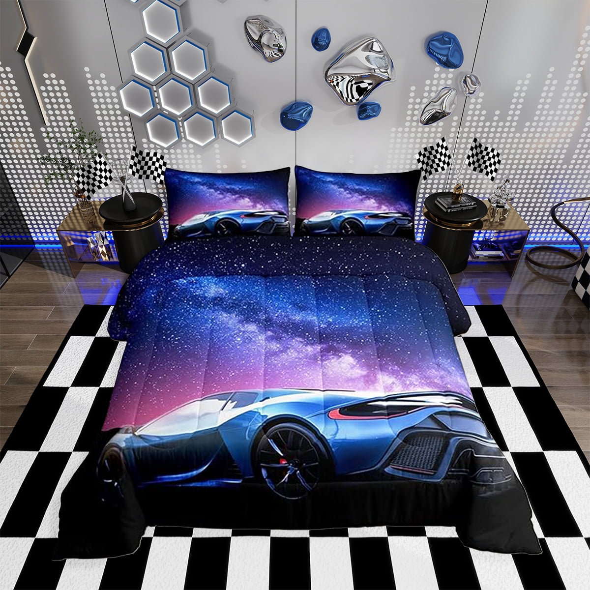 Galaxy Car Comforter Set Blue Race Car Bedding Set for Kids Boys Girls ...