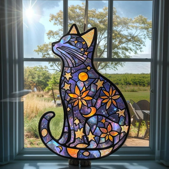 Galaxy Cat Acrylic Faux Stained Glass Window Hanging - Celestial Moon ...