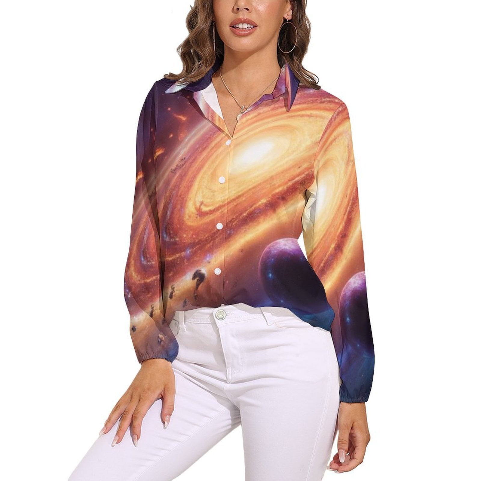 Galaxy Dream Space Art Vntage Casual Long Sleeve Shirt Blouse Woman Streetwear Summer Sun Beach ...
