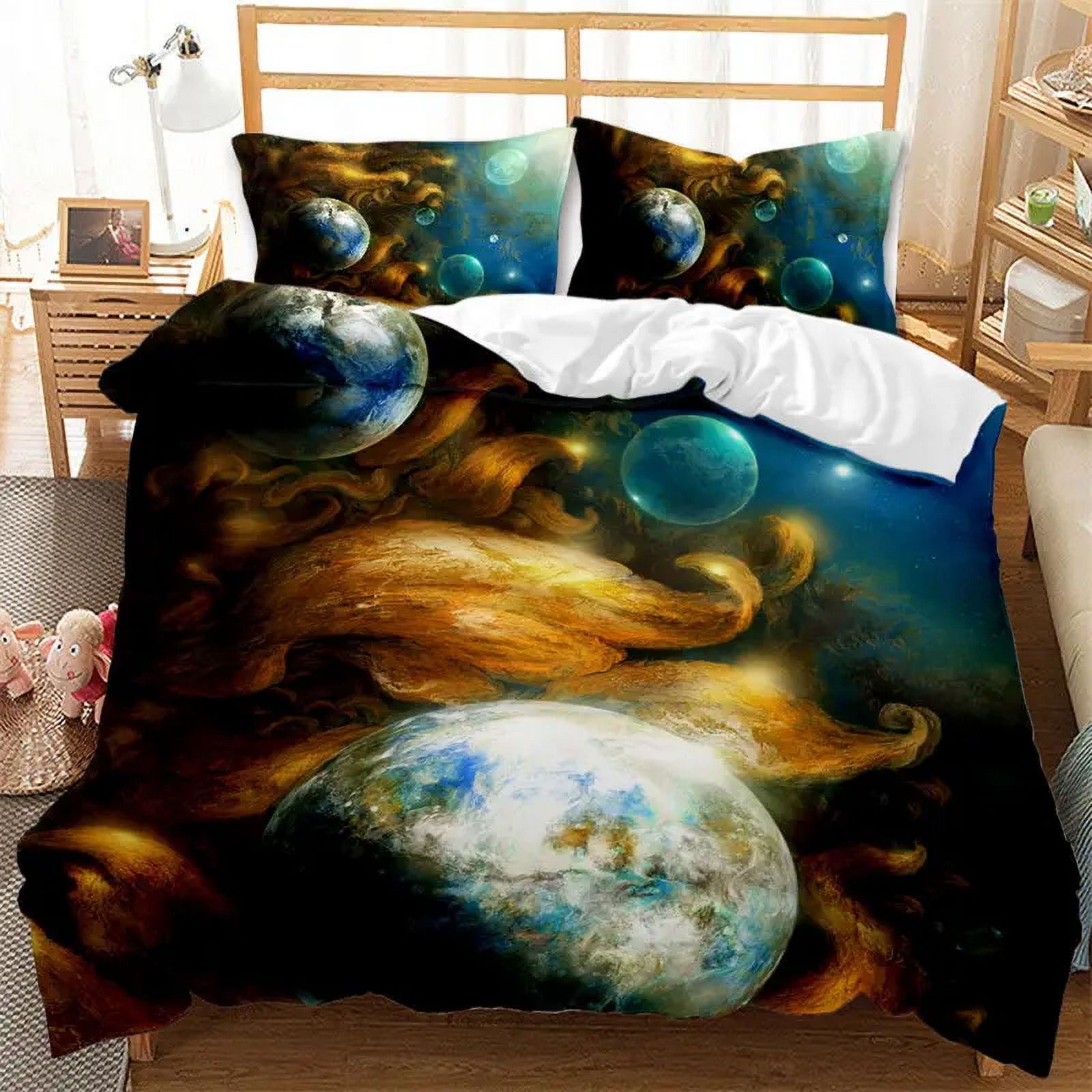 Galaxy Duvet Cover 3D Planets Bedding Set Microfiber Outer Space Theme ...