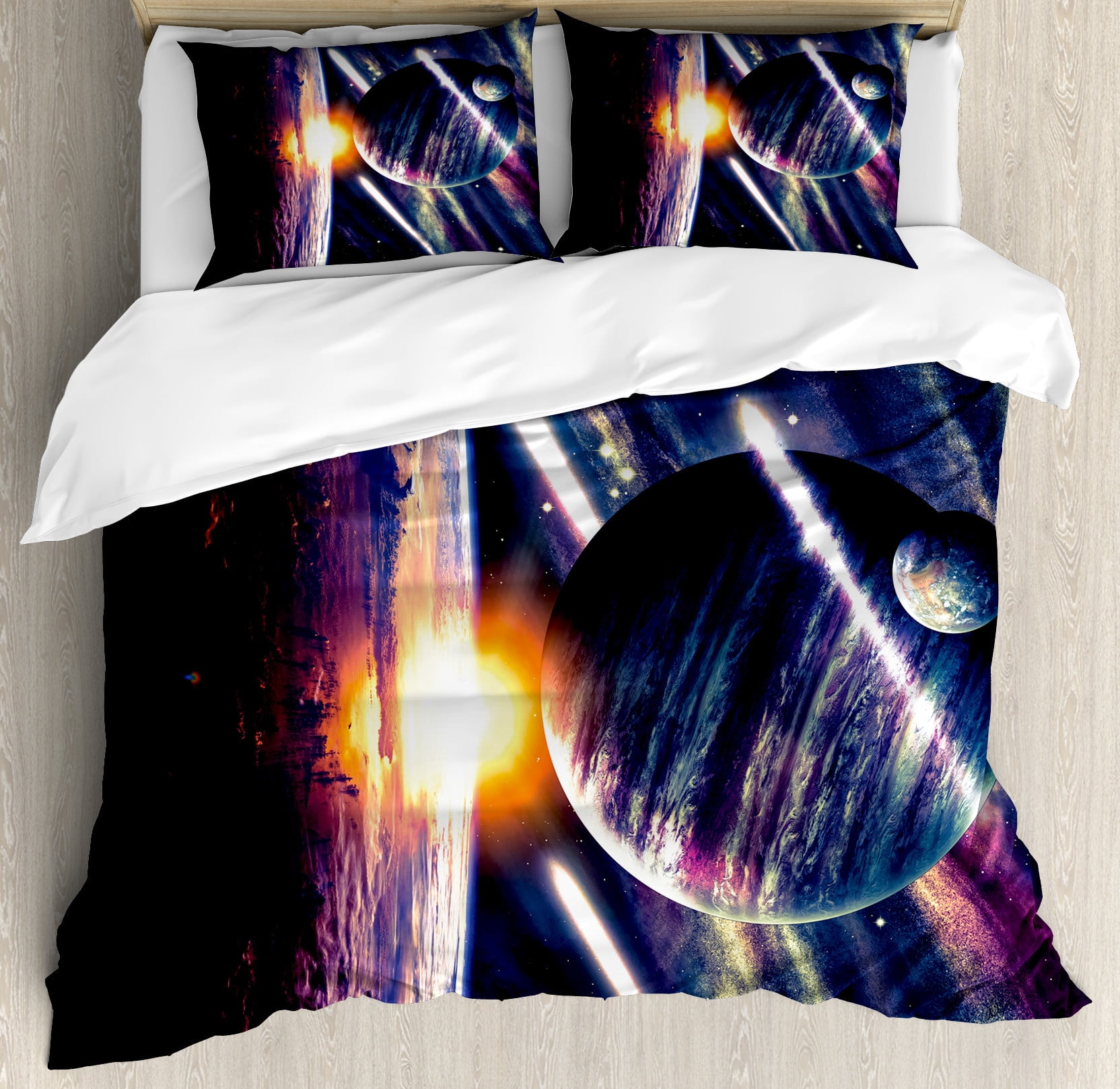 Galaxy Duvet Cover Set, Moon Theme with Planet Earth and Sunlight in ...