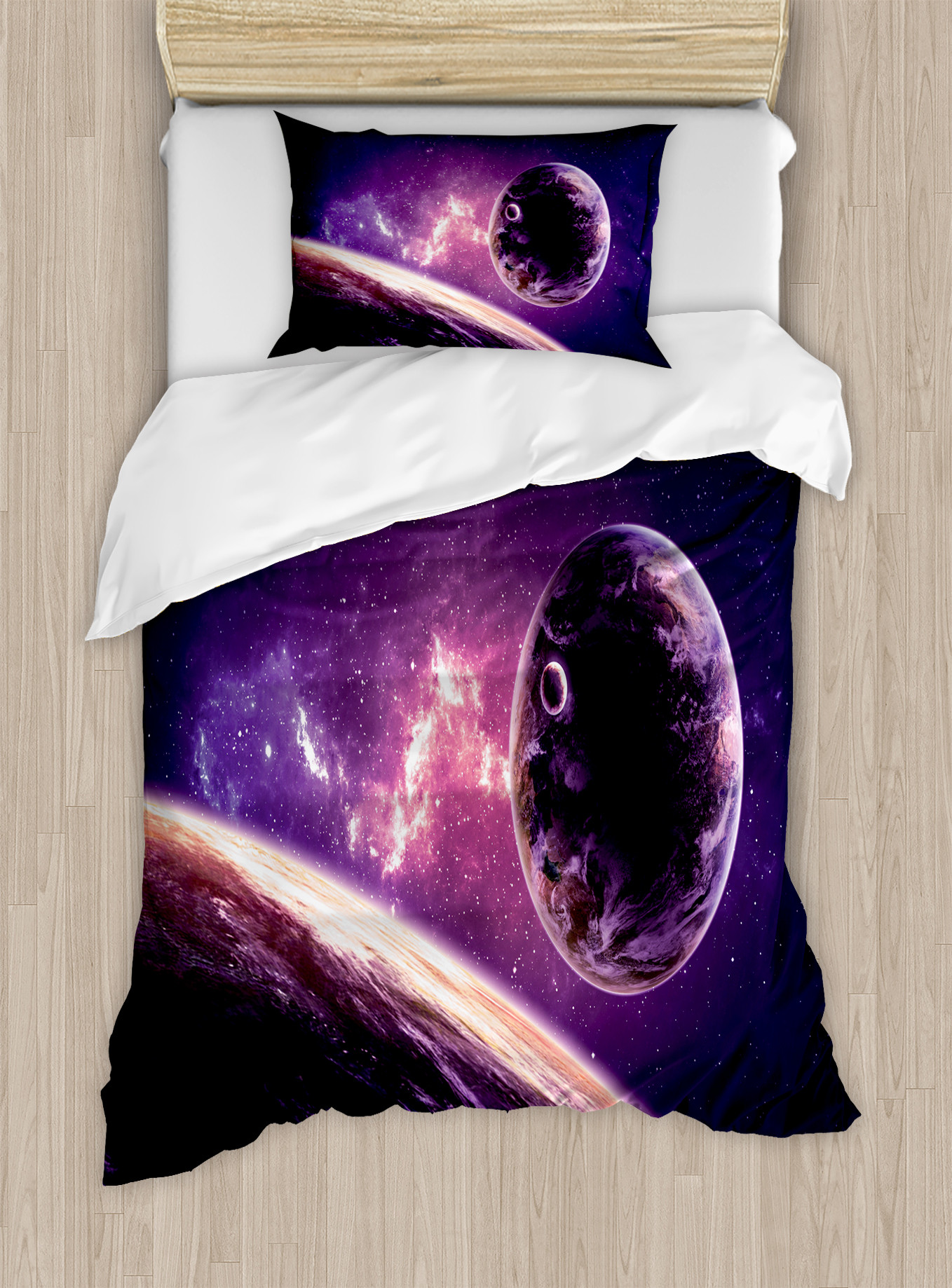 Galaxy Duvet Cover Set, Planets over Purple Nebula Celestial Comet ...