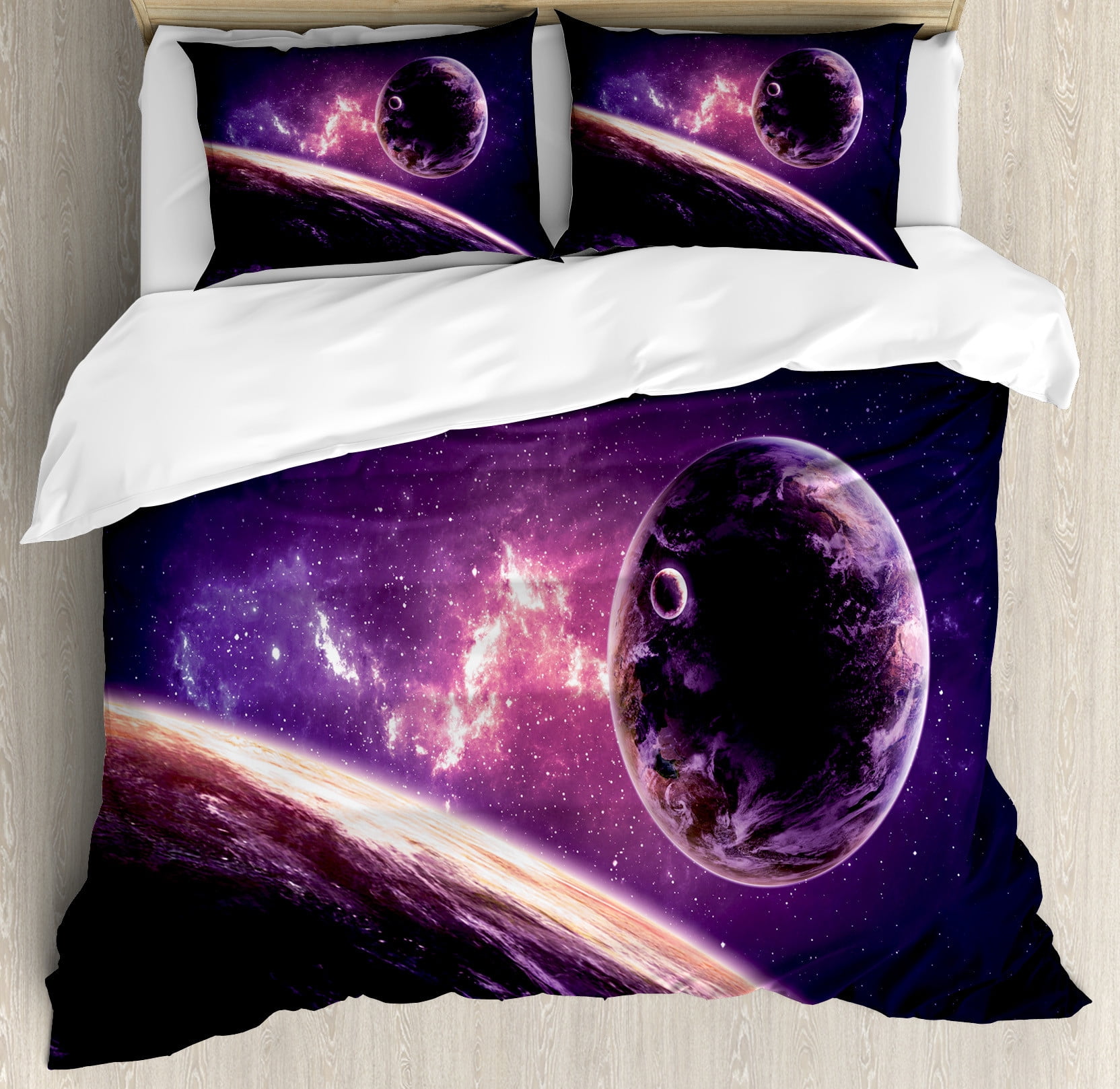 Galaxy Duvet Cover Set, Planets over Purple Nebula Celestial Comet ...