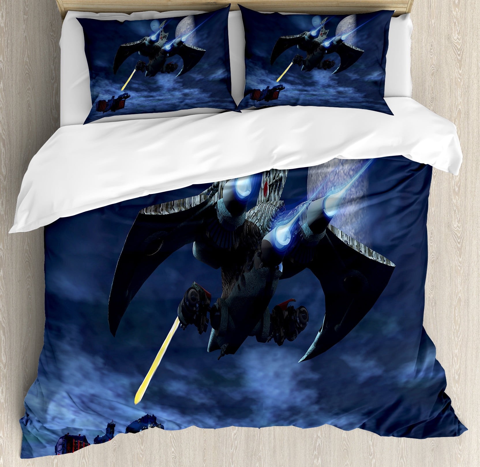 Galaxy Duvet Cover Set, Spaceship Blasts a Laser Beam an Enemy Alien ...