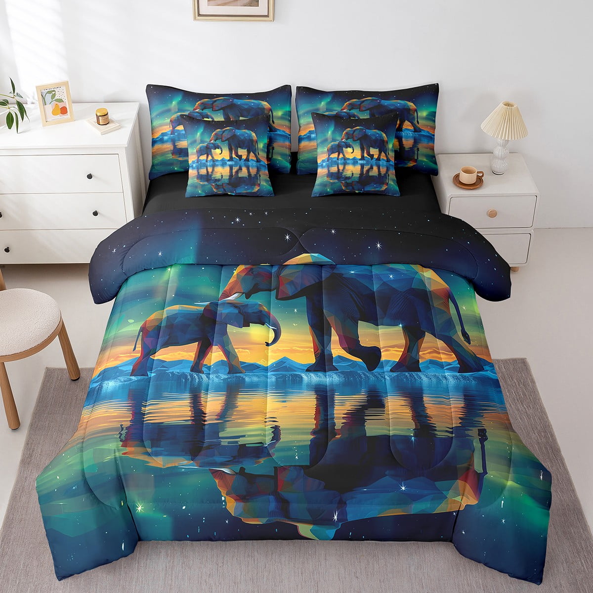 Galaxy Elephant 7 Pieces Bedding Set Glitter Elephant Queen Comforter ...