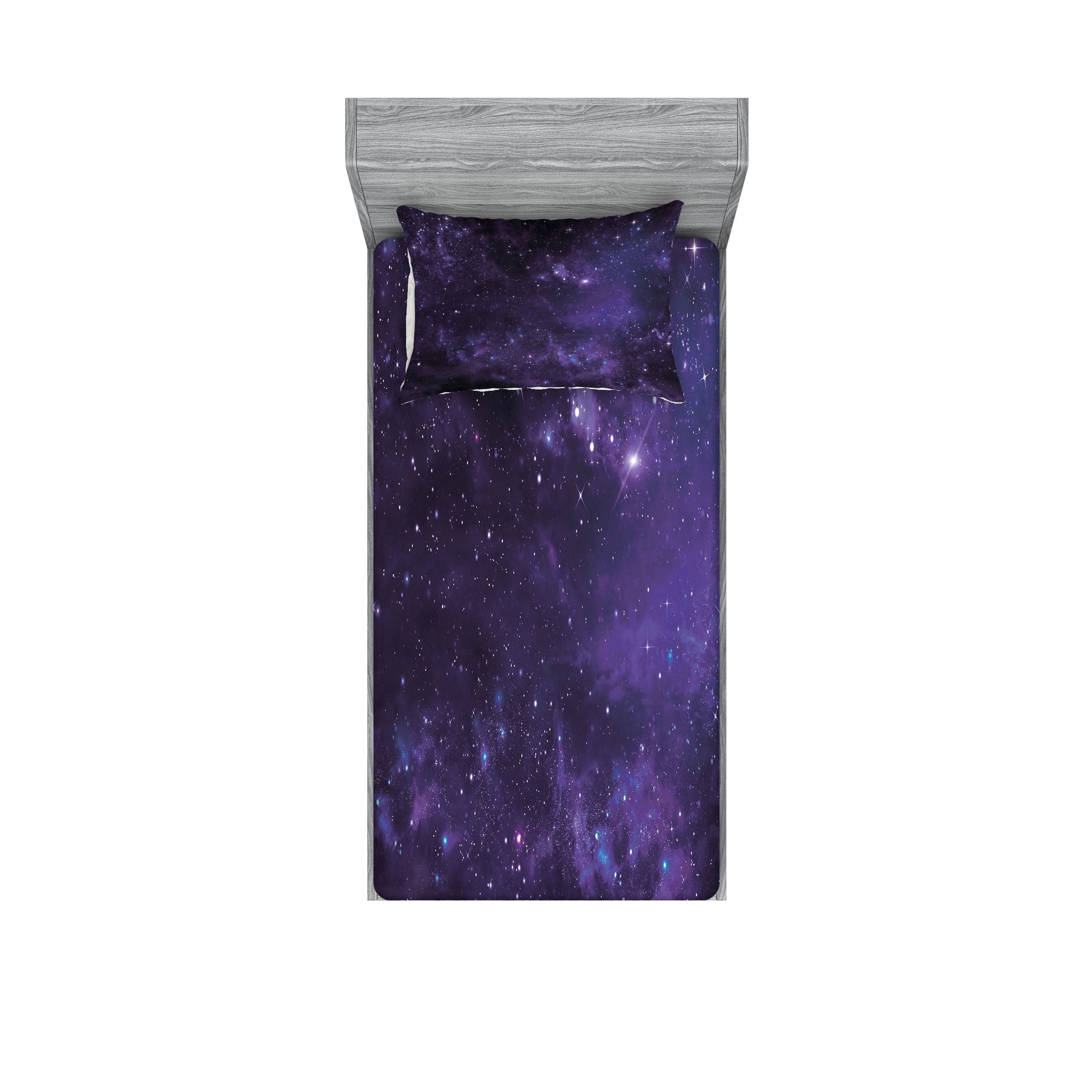 Galaxy Fitted Sheet & Pillow Sham Set, Celestial Stars in Night Sky ...