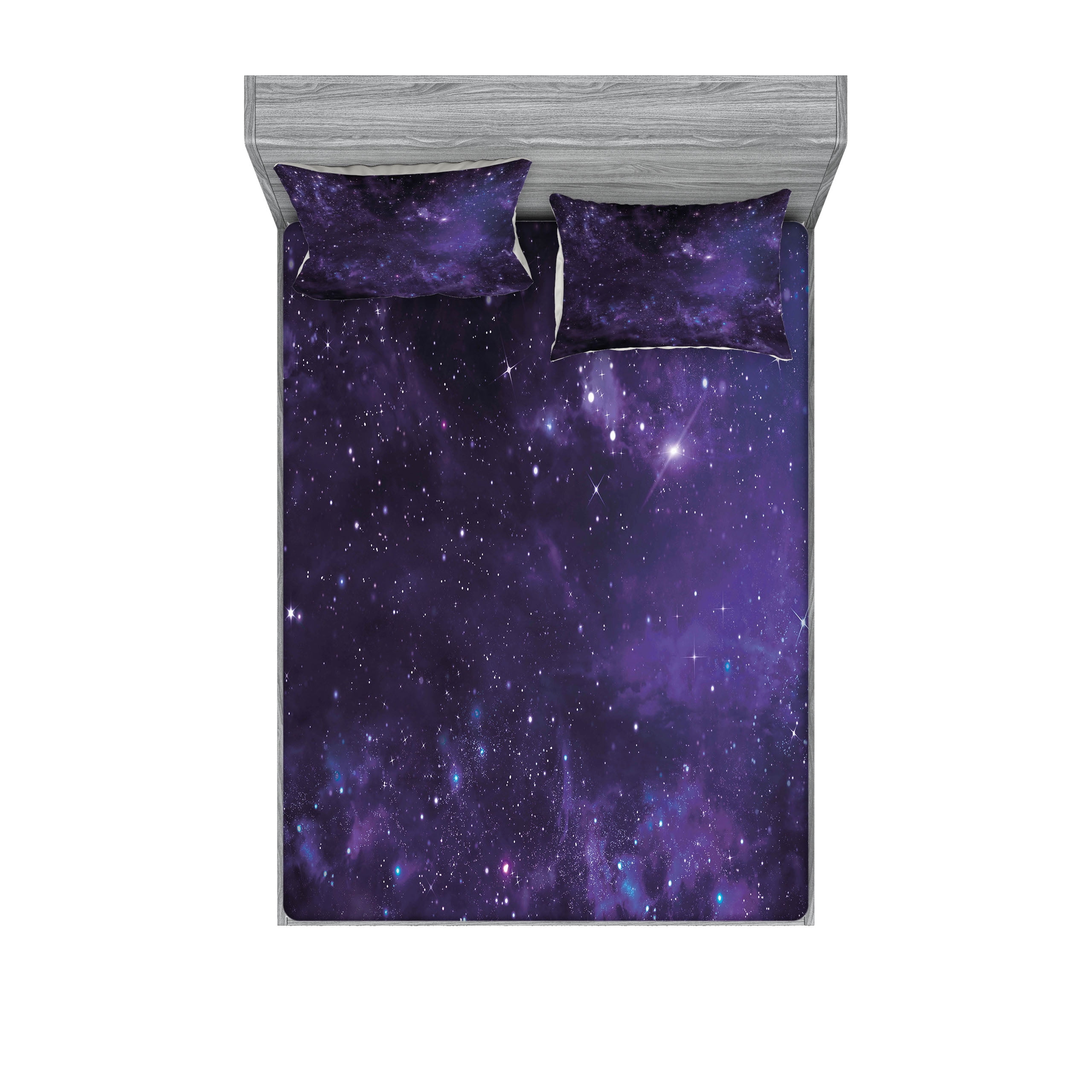 Galaxy Fitted Sheet & Pillow Sham Set, Celestial Stars in Night Sky ...
