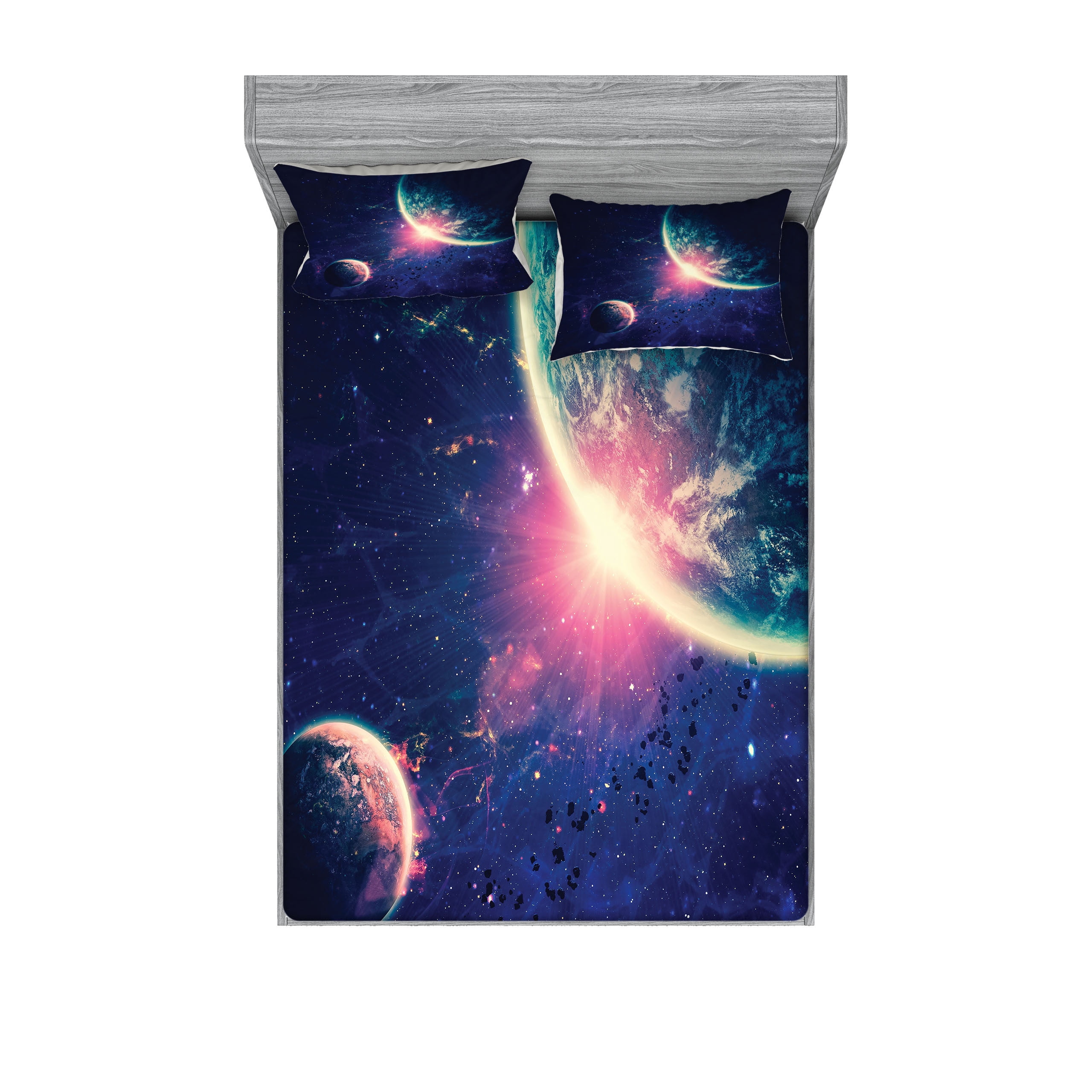 Galaxy Fitted Sheet & Pillow Sham Set, Outer Space Theme Planet Earth ...