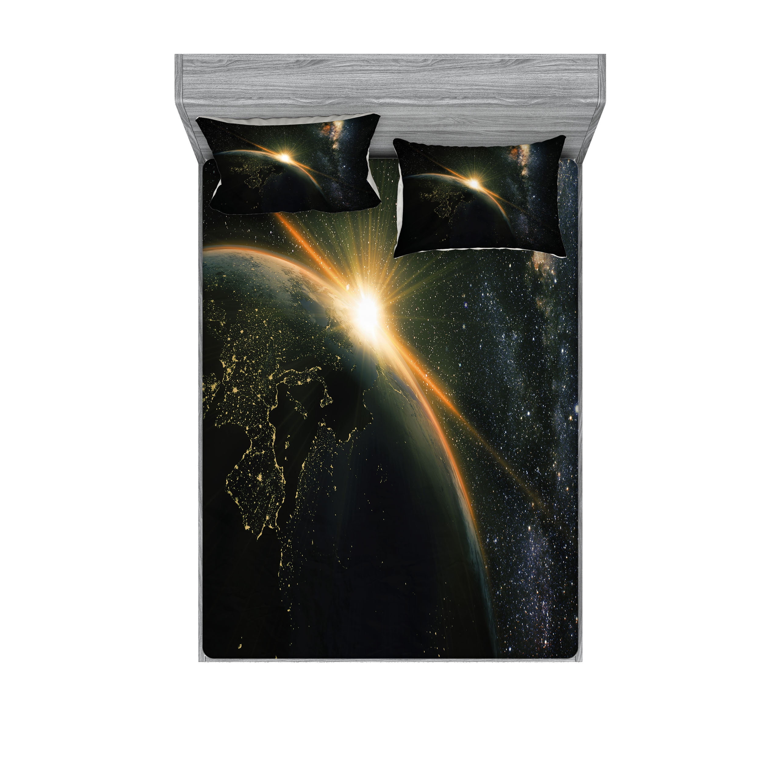 Galaxy Fitted Sheet & Pillow Sham Set, Sunrise View of the Planet Earth ...