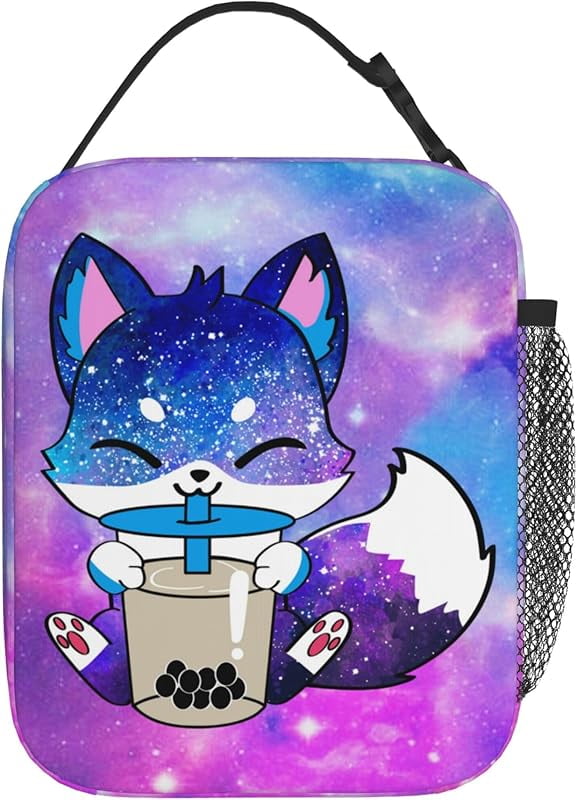 Galaxy Fox Insulated Lunch Box,Kawaii Cat Drinking Boba Bubble Tea ...