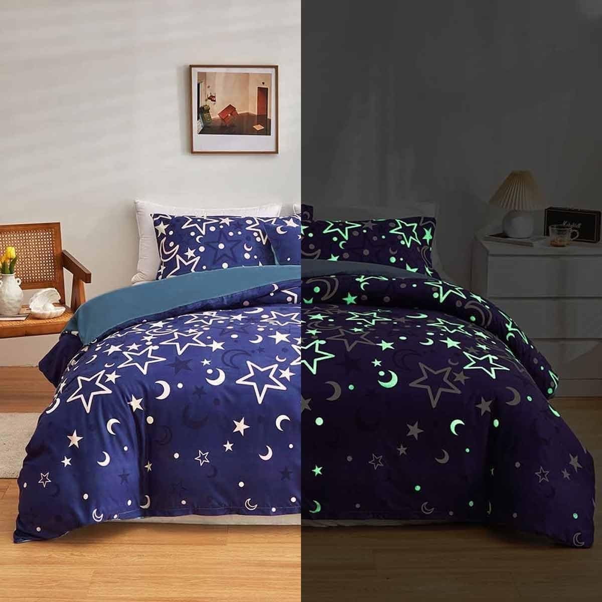 Galaxy Glow in The Dark Comforter Set for Girls Kids Queen Purple Universe Starry Night Bedding ...