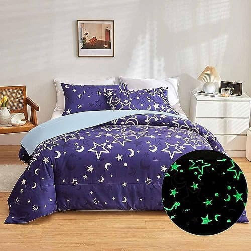 Galaxy Glow in The Dark Comforter Set for Girls Kids Queen Purple Universe Starry Night Bedding ...