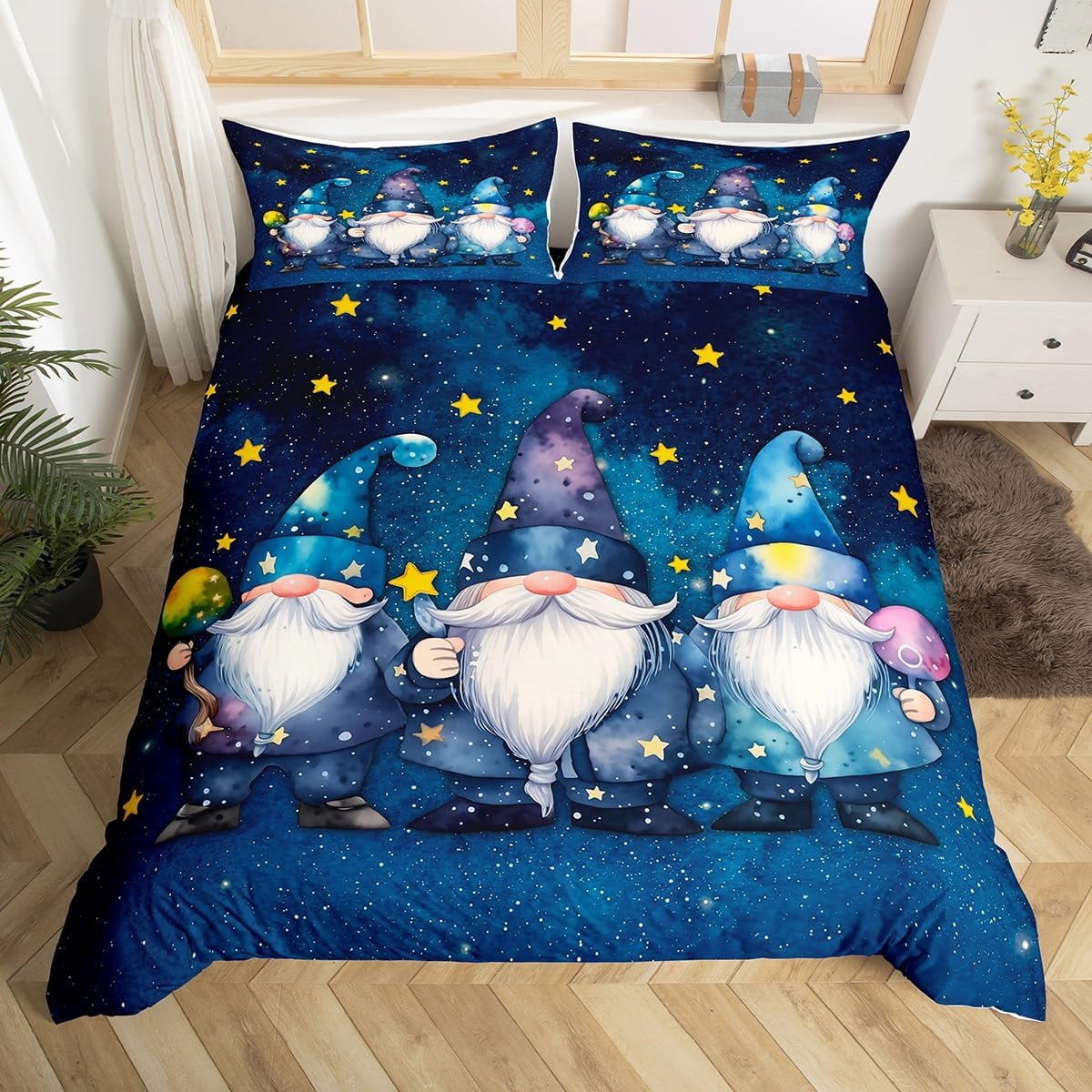 Galaxy Gnome Duvet Cover,Kids Starry Sky Bedding Set,Stars Moon ...