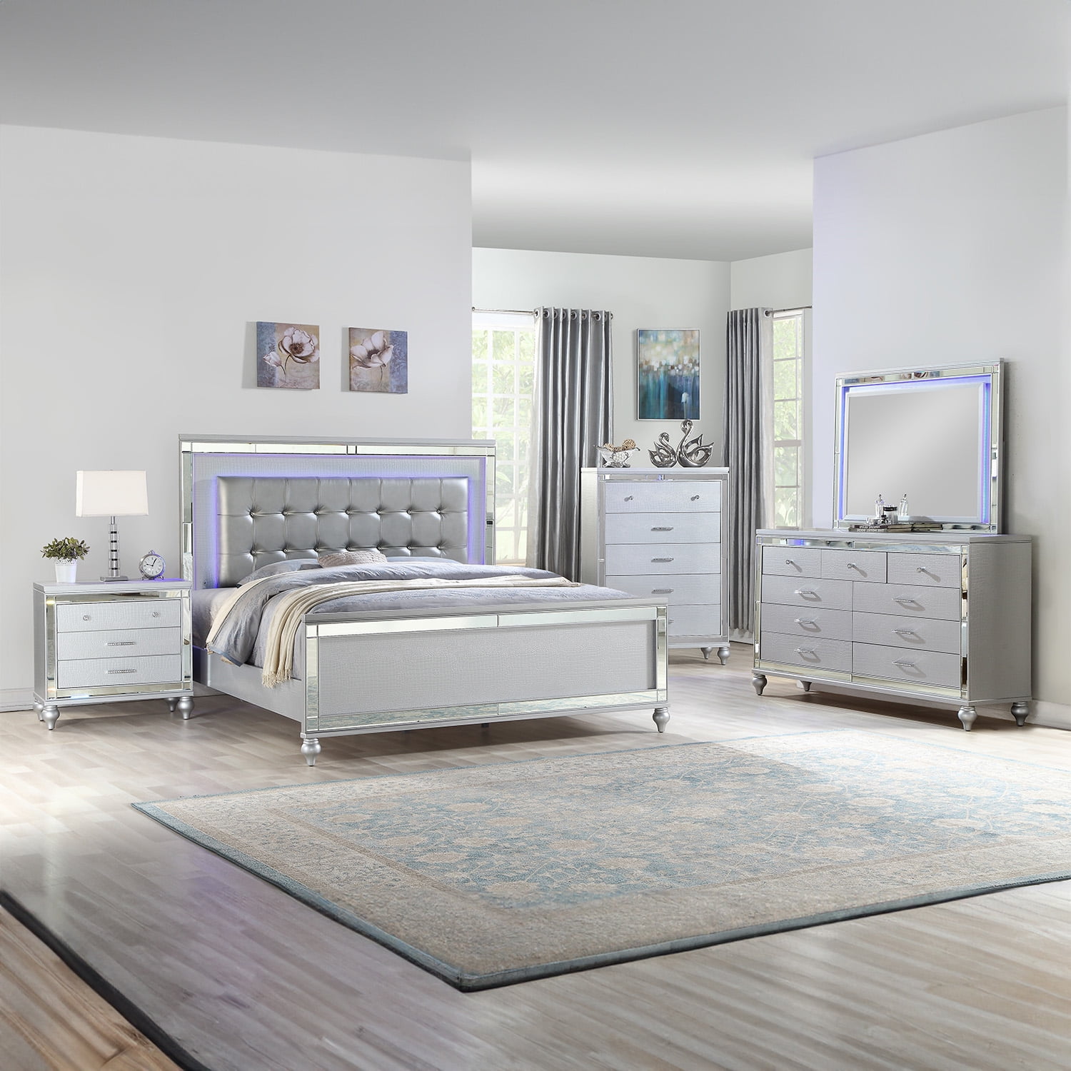 Sterling Queen 4 PC LED Bedroom set made with wood in Silver Color ...
