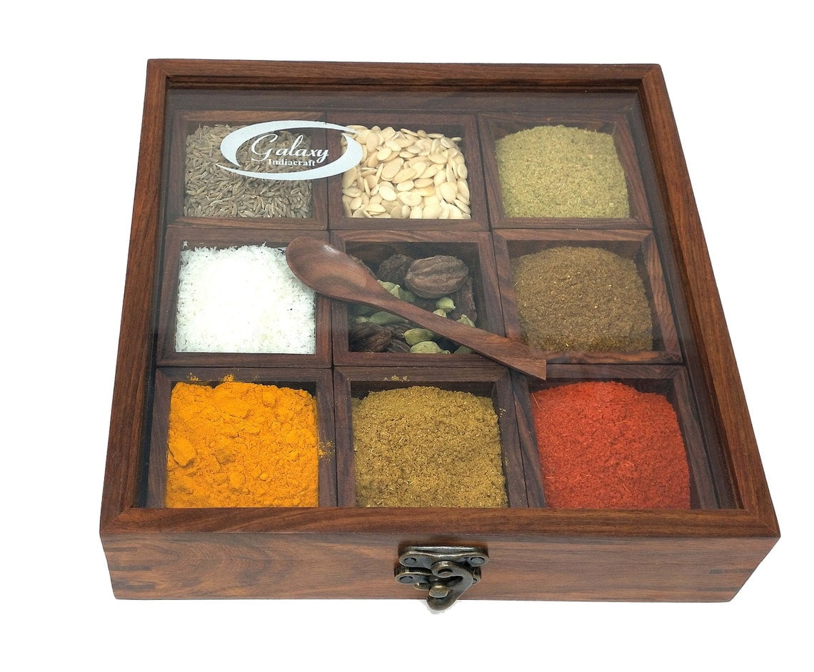 Galaxy Indiacraft Wooden Spice Boxes HUB | Utility Spice, Masala Dani ...