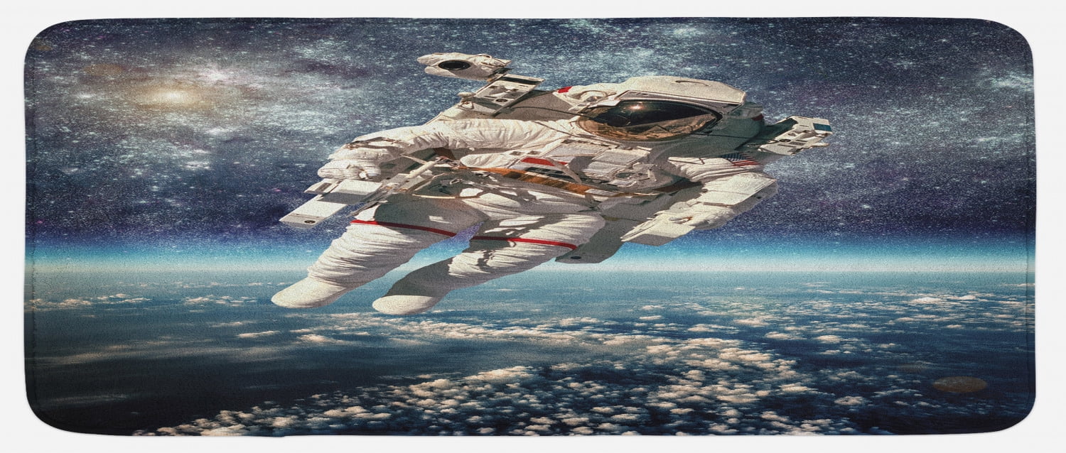 Galaxy Kitchen Mat, Astronaut Floats Outer Space Planet Earth Globe ...