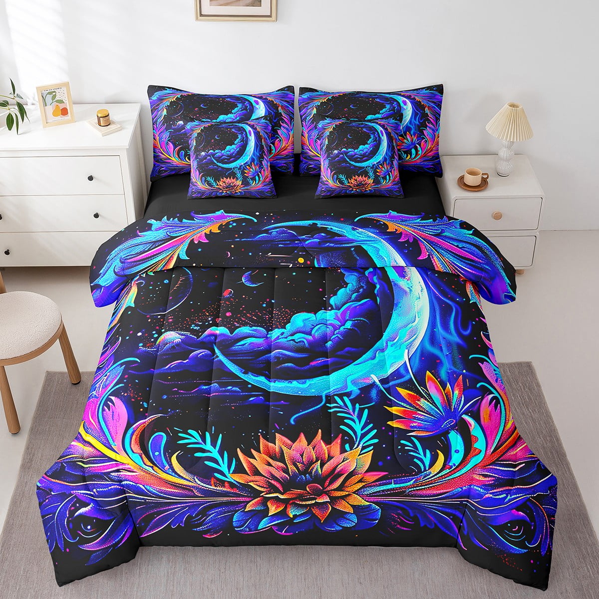 Galaxy Moon Bed in a Bag King Size Comforter Set 7 Pieces,Watercolor ...