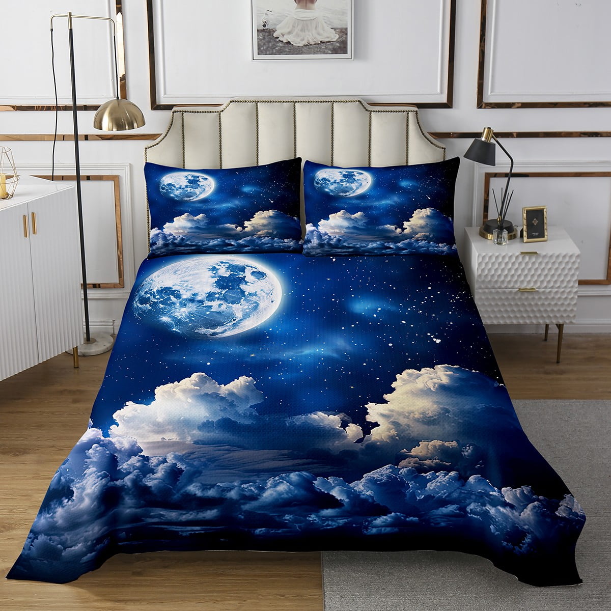 Galaxy Moon Duvet Cover Set Night Blue Starry Sky Queen Bedspread Set ...