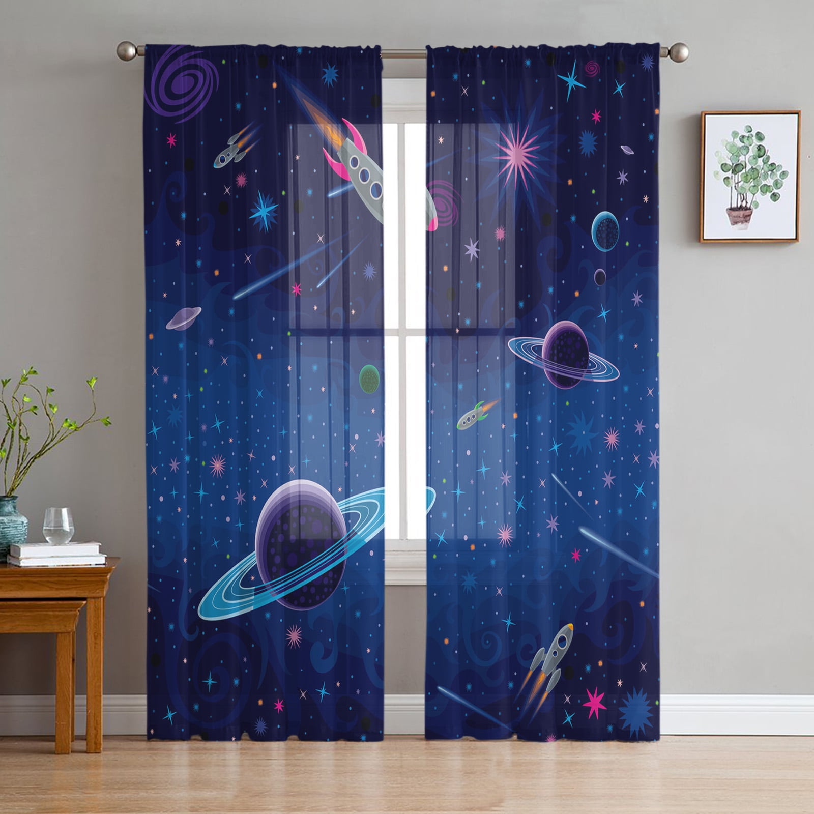 Galaxy Moon Sun Simple Planet Sky Sheer Curtains Living Room Window ...