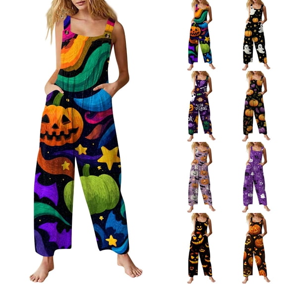 Galaxy Rainbow Swirl Pumpkin Bat Halloween Women Overalls, Sleeveless ...