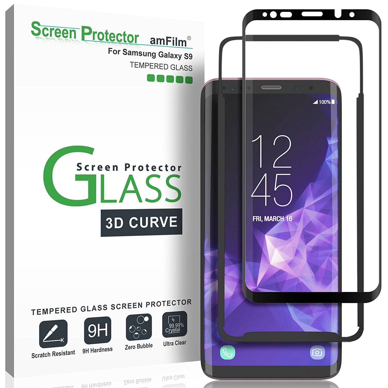amFilm, Galaxy S9 Screen Protector Glass, 3D Curved, Full Cover, Dot ...