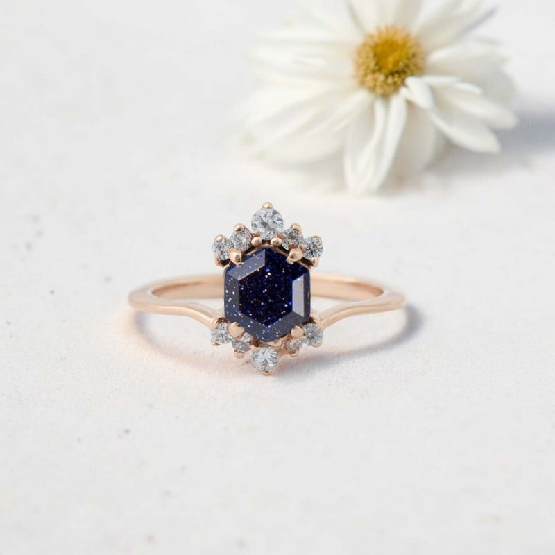 Galaxy Sandstone Ring 14k Solid Gold Engagement Ring Diamond Half Halo ...